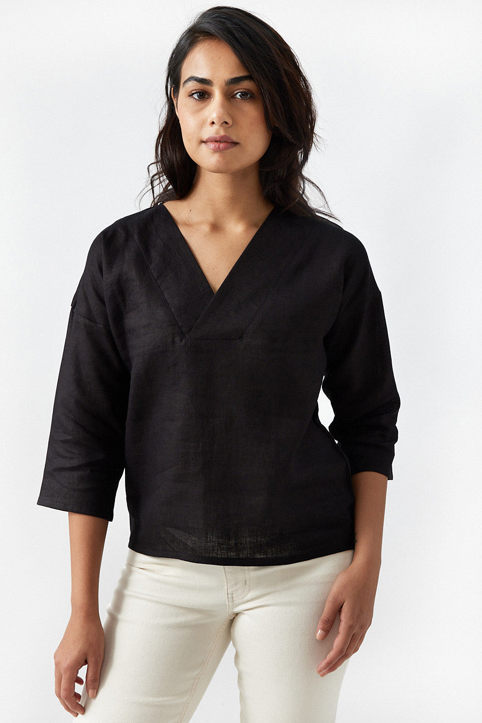 Women Tops | Linen V Neck Top for Women Black Coffee