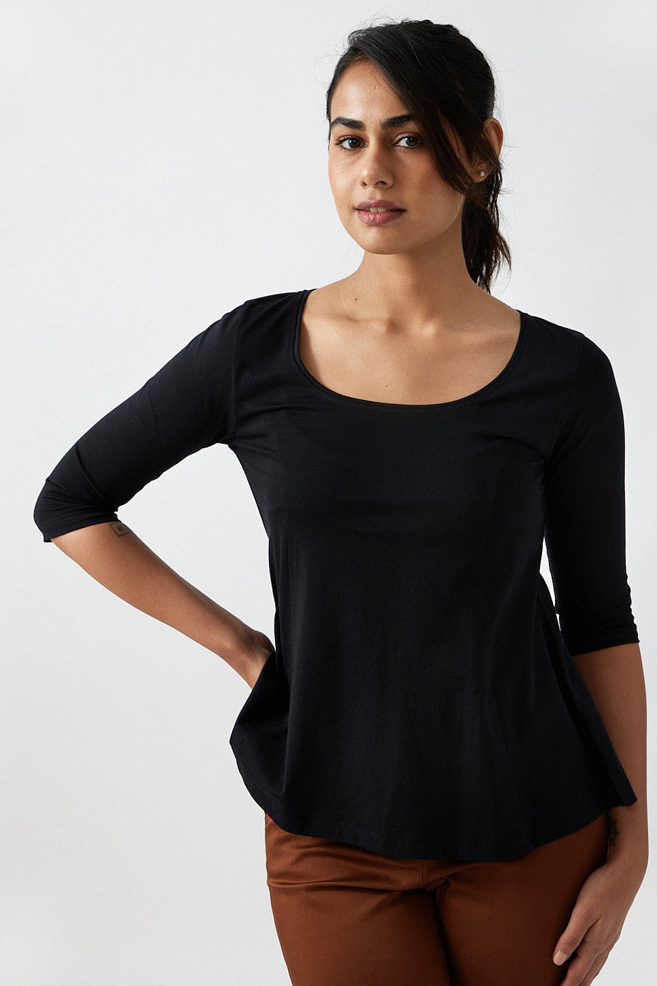 Women Tops | The Pima Flared Top for Women Carbon Black