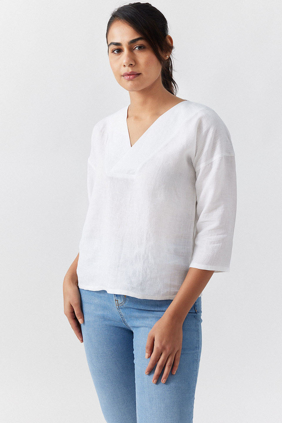 Women Tops | Linen V Neck Top for Women Cloud White