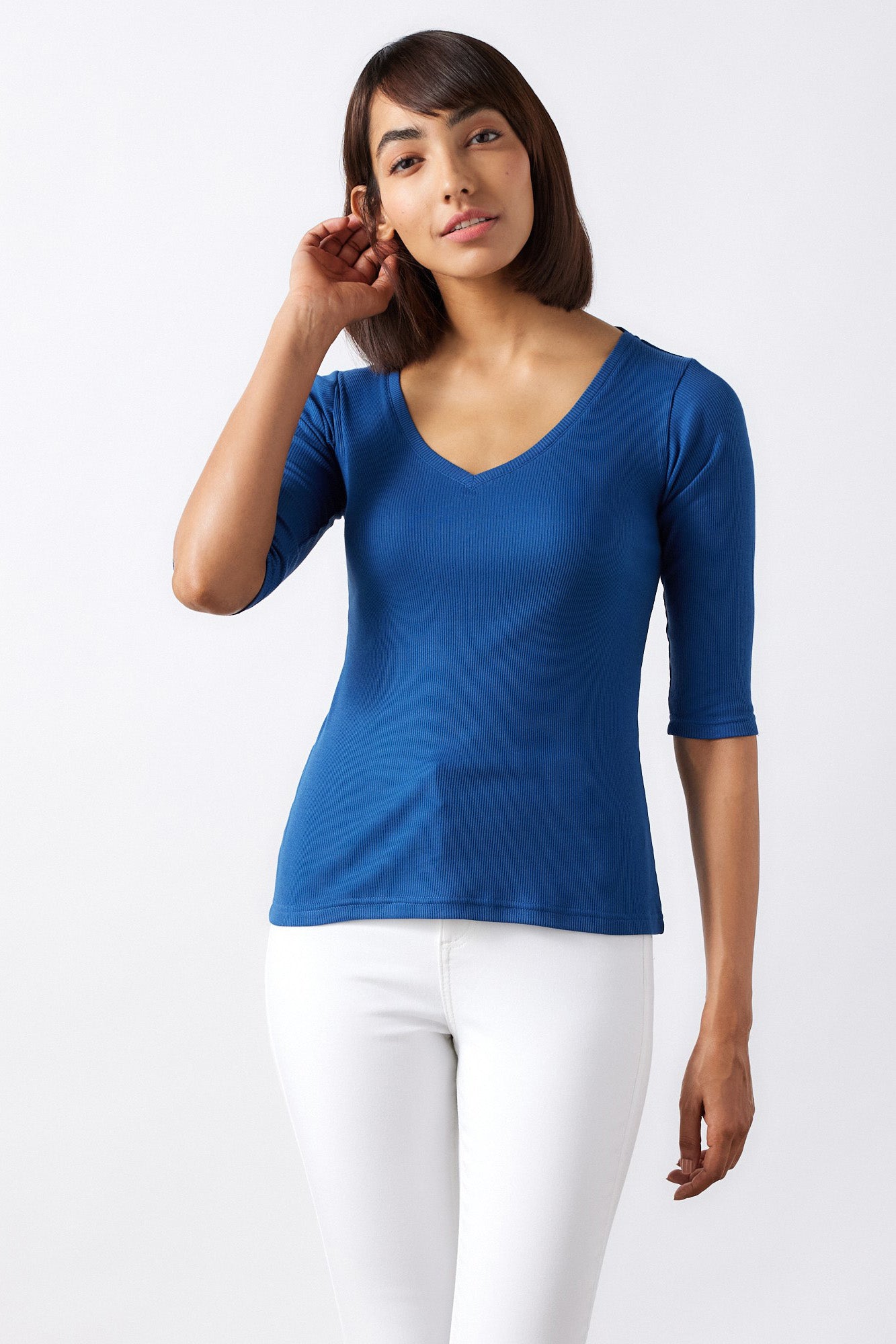 Explore The Rib V Neck Top for Women Cobalt Blue Online