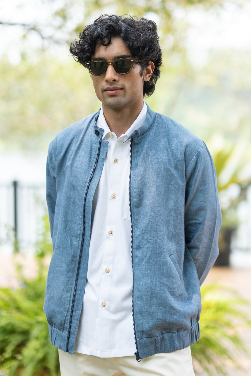 Browse The Linen Bomber Jacket for Men Denim- Blue
