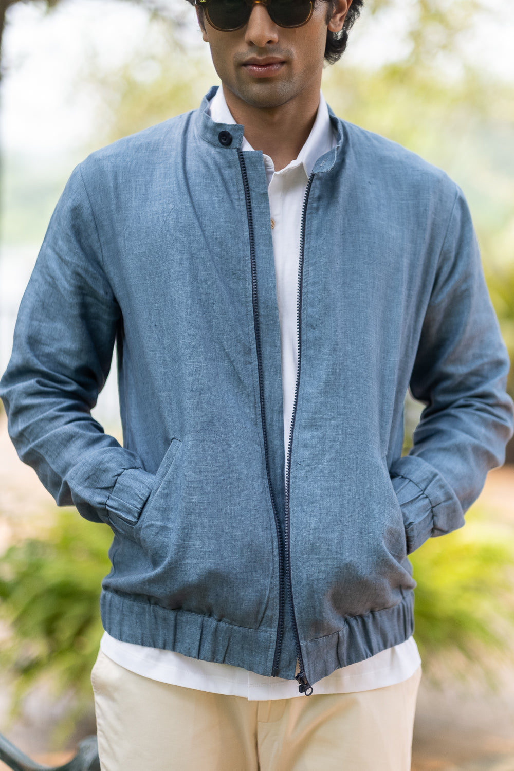Browse The Linen Bomber Jacket for Men Denim- Blue