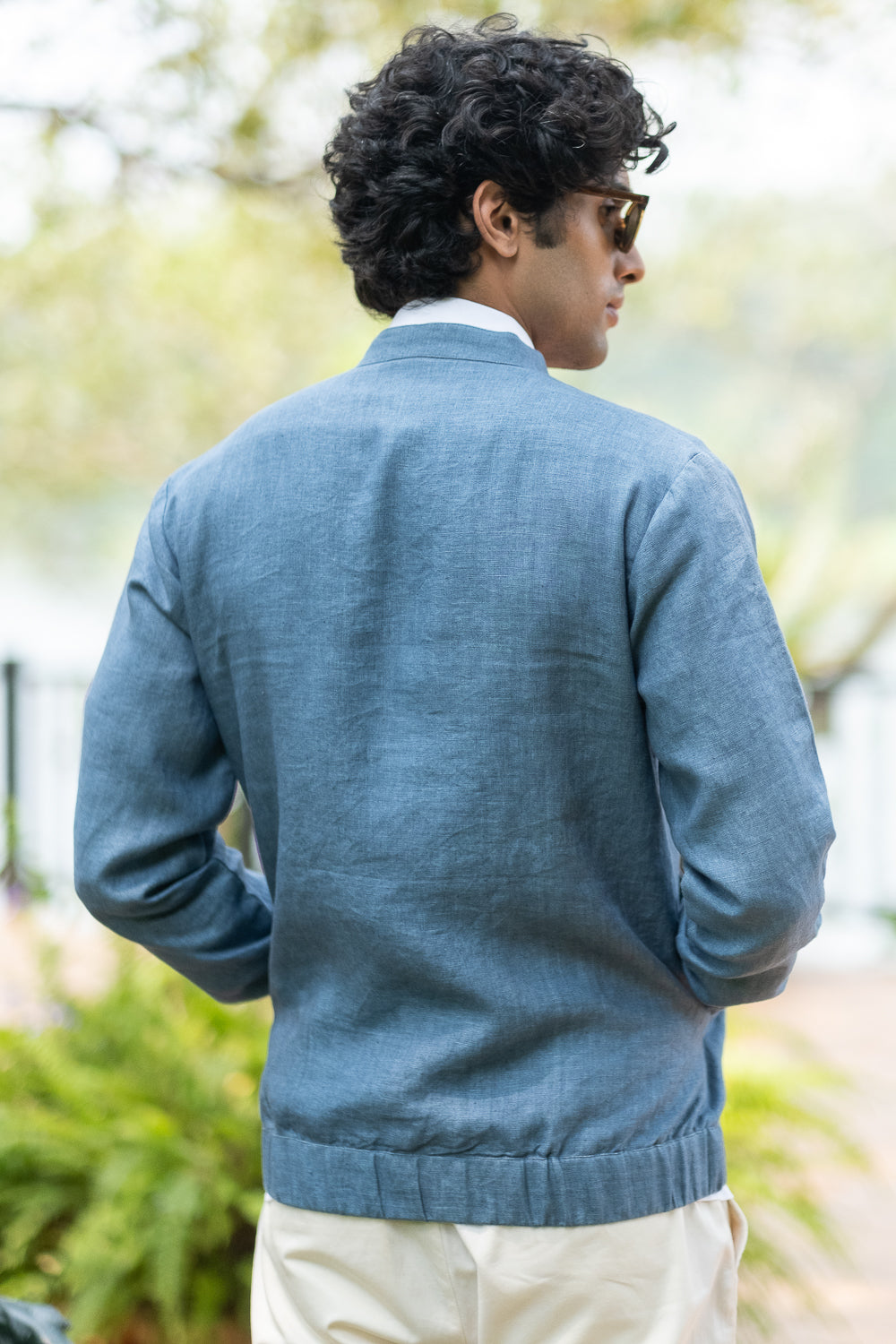 Browse The Linen Bomber Jacket for Men Denim- Blue