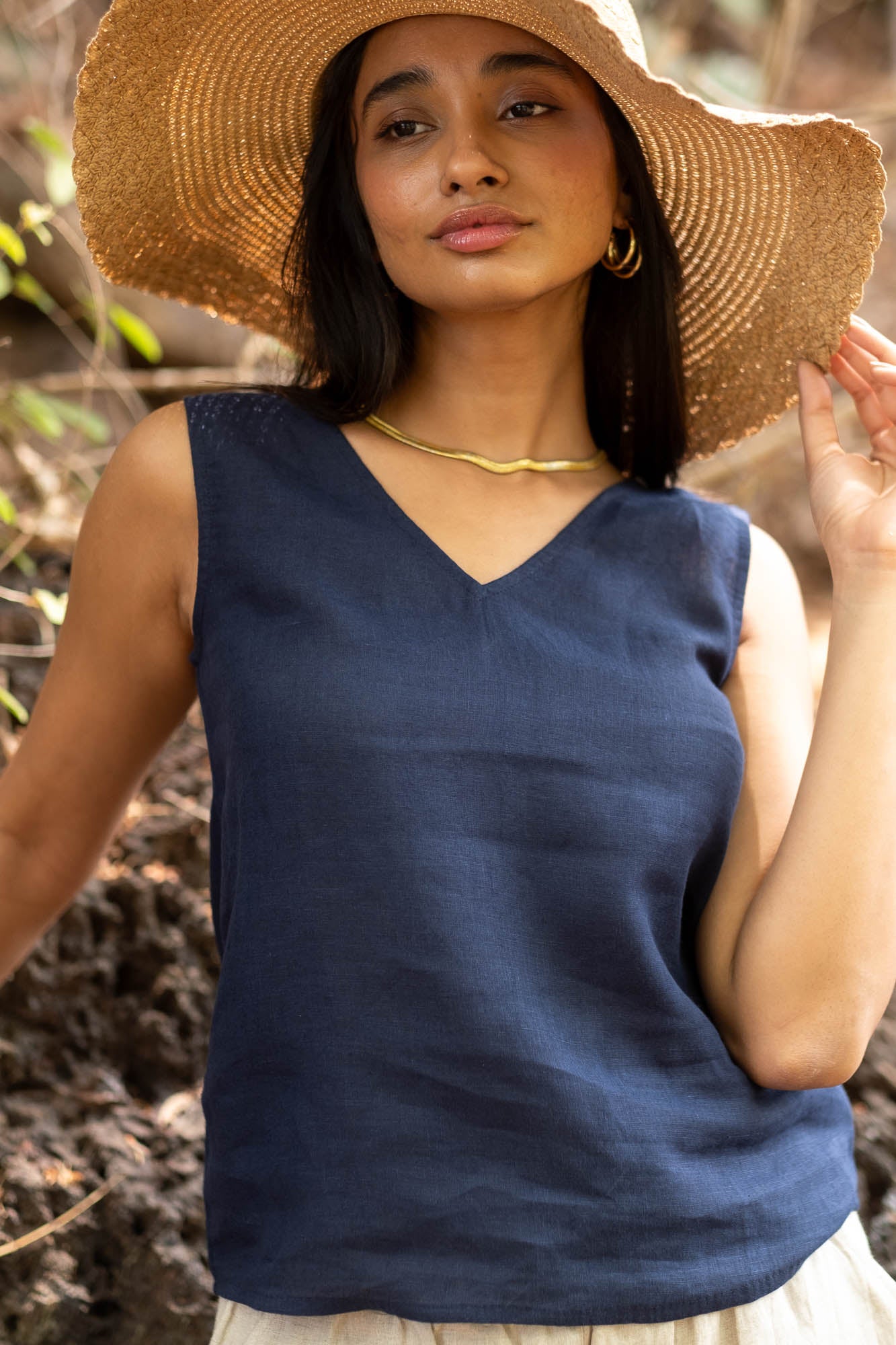 Buy Linen V Neck Tank top for Women Navy Blue