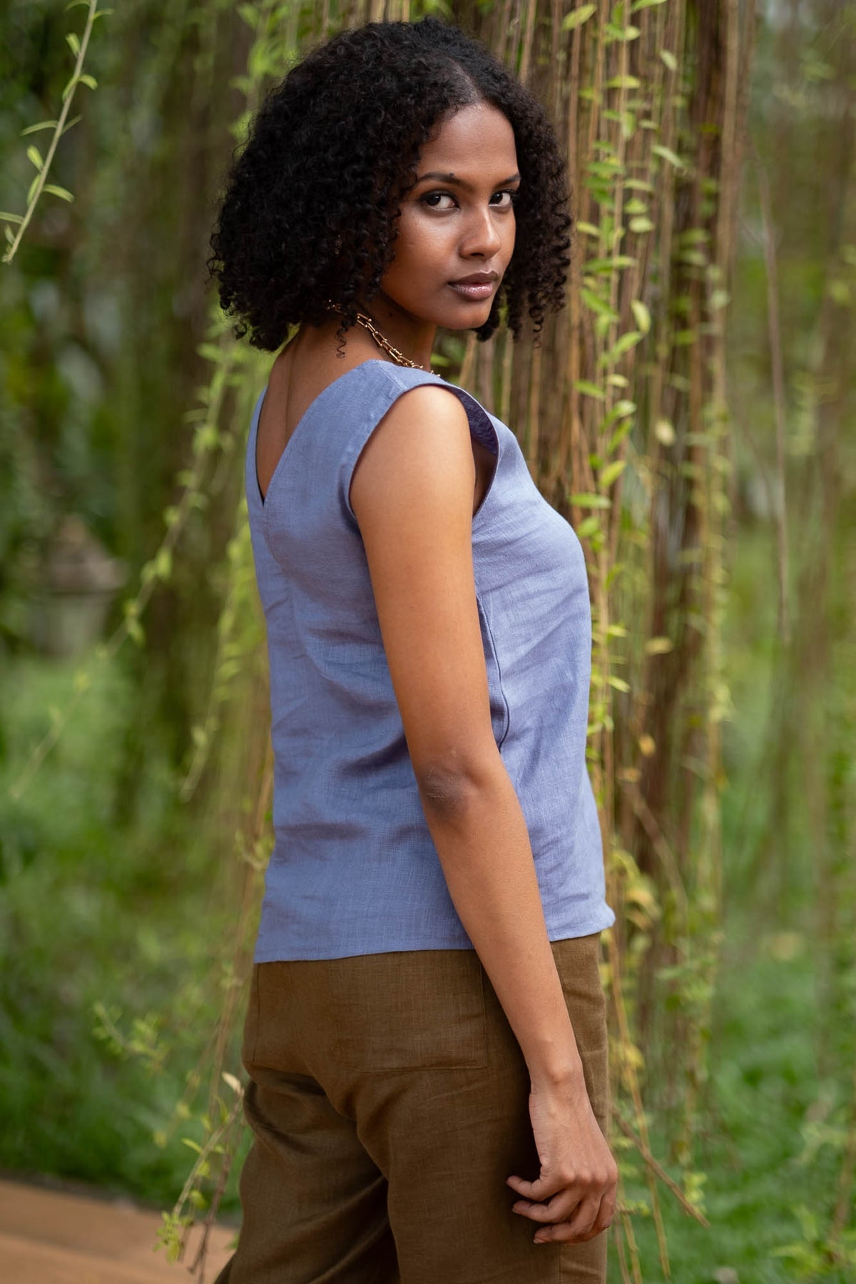 Explore Linen V Neck Tank top for Women Wildflower Blue
