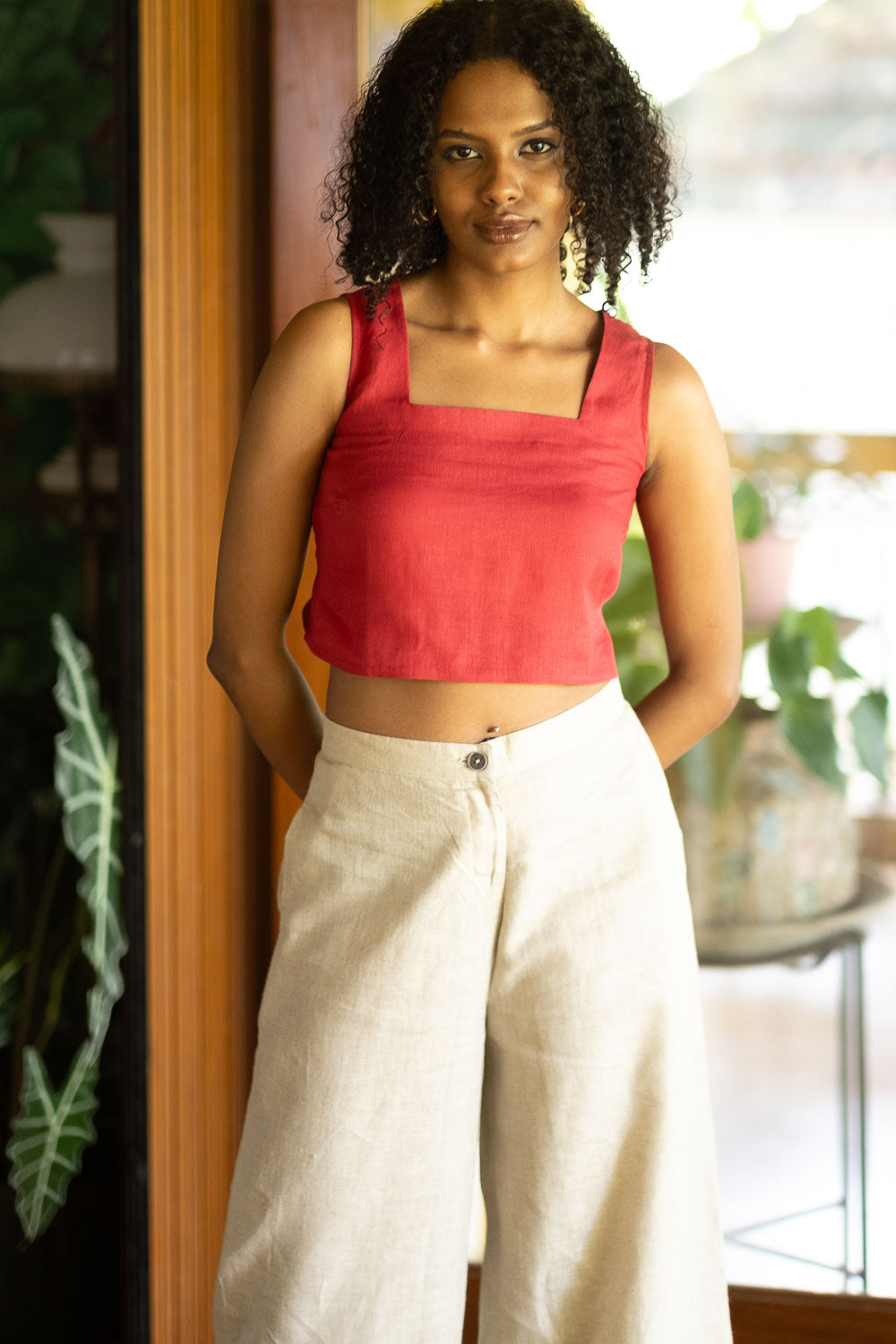 Buy Crop Tank Top | The Linen Crop Tank Top Indian Red