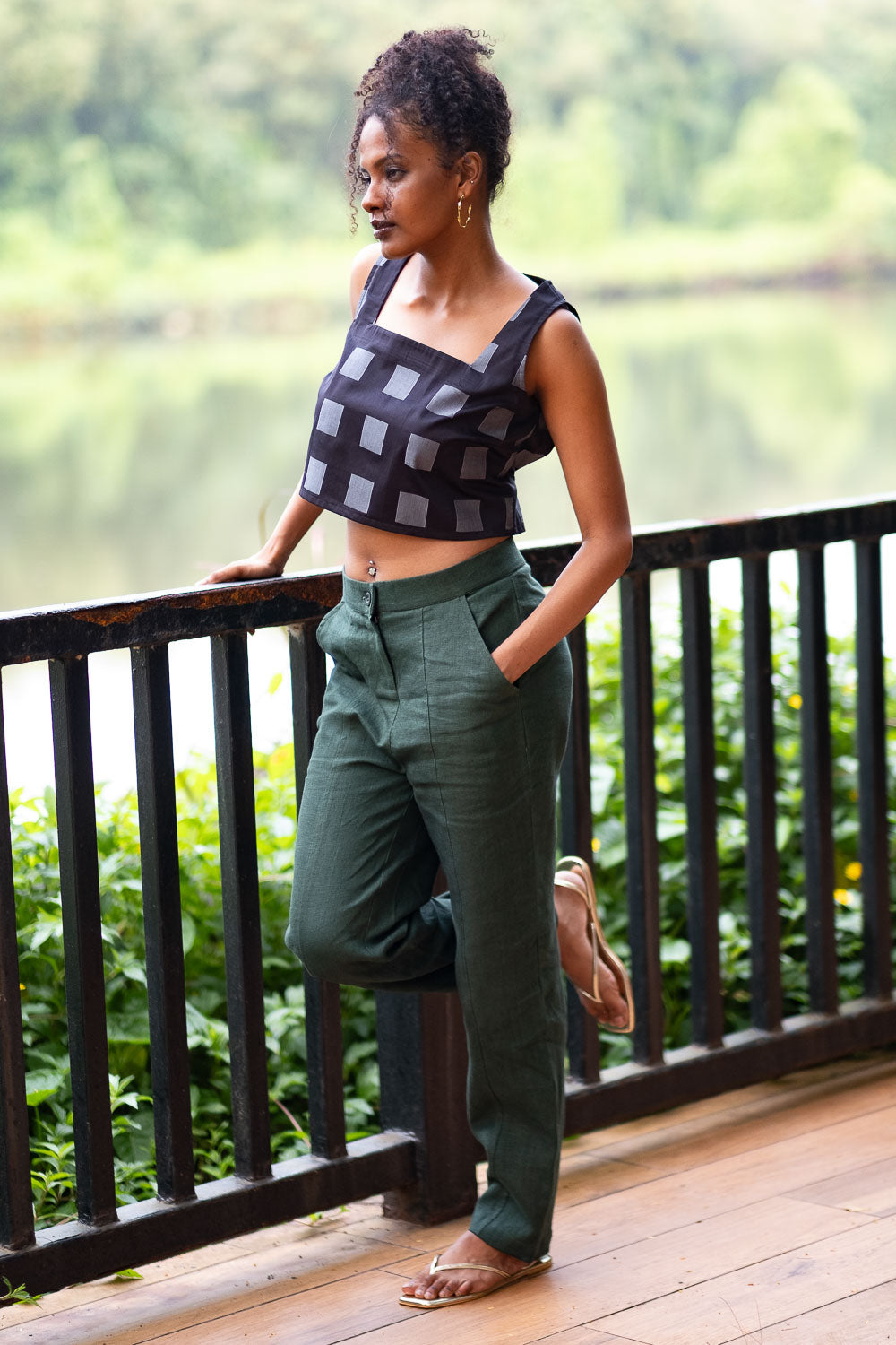 The Heavy Linen Panelled Women's Pants Rainforest Green