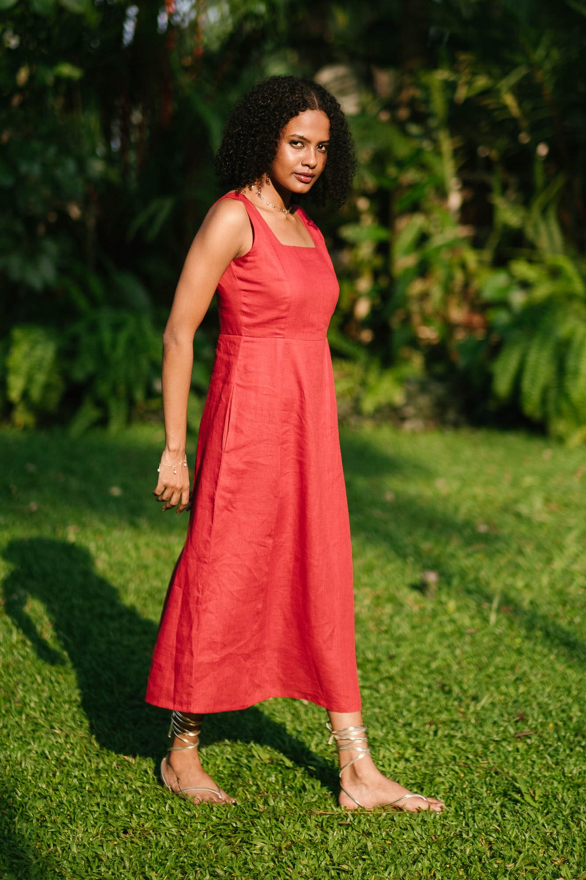 Explore Linen Midi Dress for Women Indian Red Online