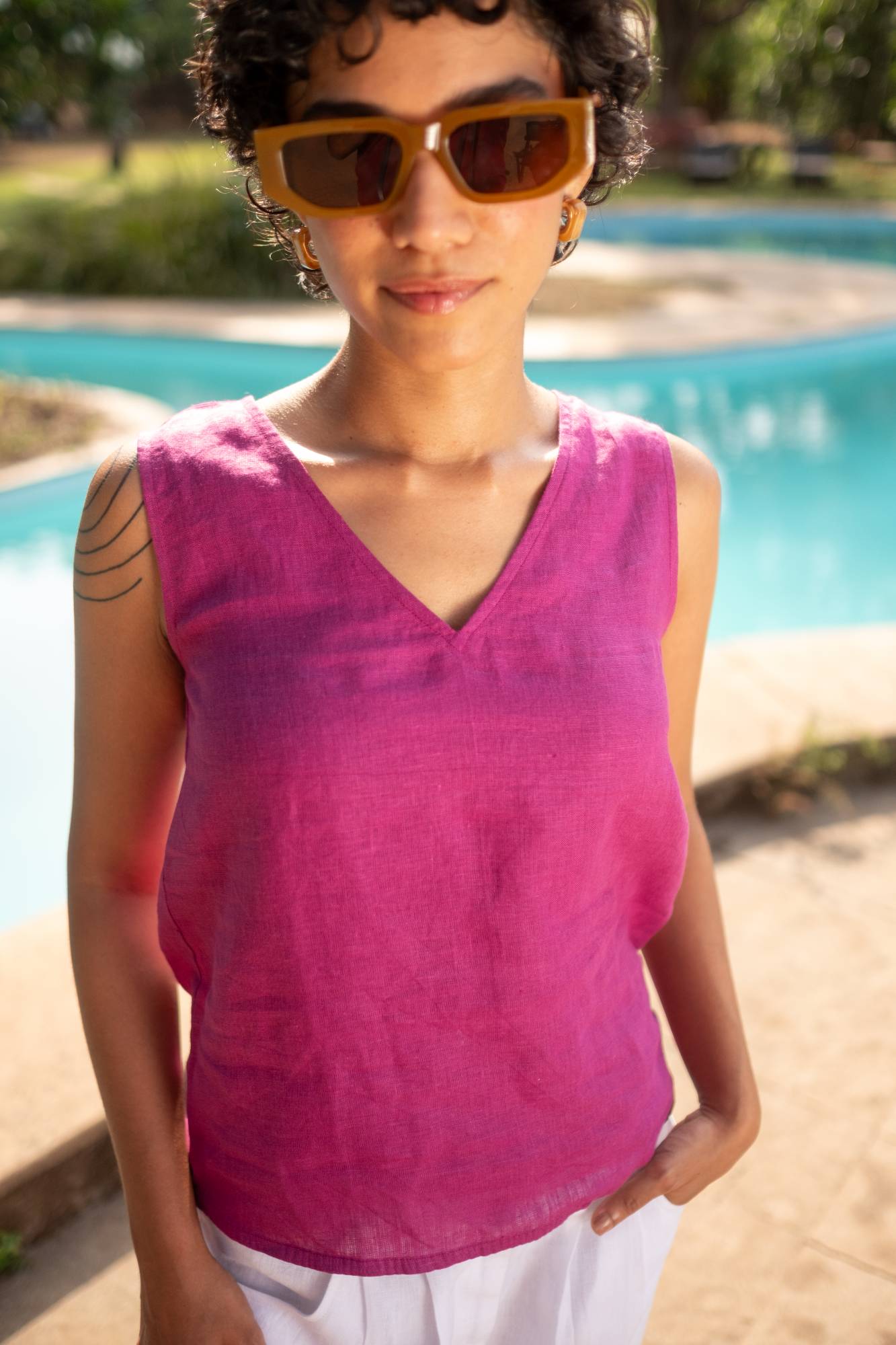 Buy Linen V Neck Tank top for Women Royal Purple Online