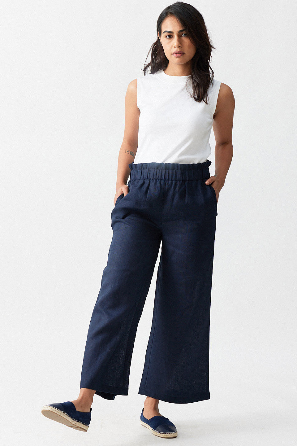 Women Pants -Explore Linen Flared Pants Deep Sea Blue