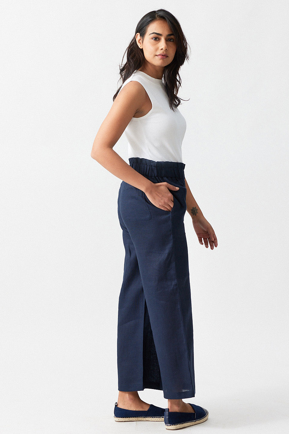 Women Pants -Explore Linen Flared Pants Deep Sea Blue