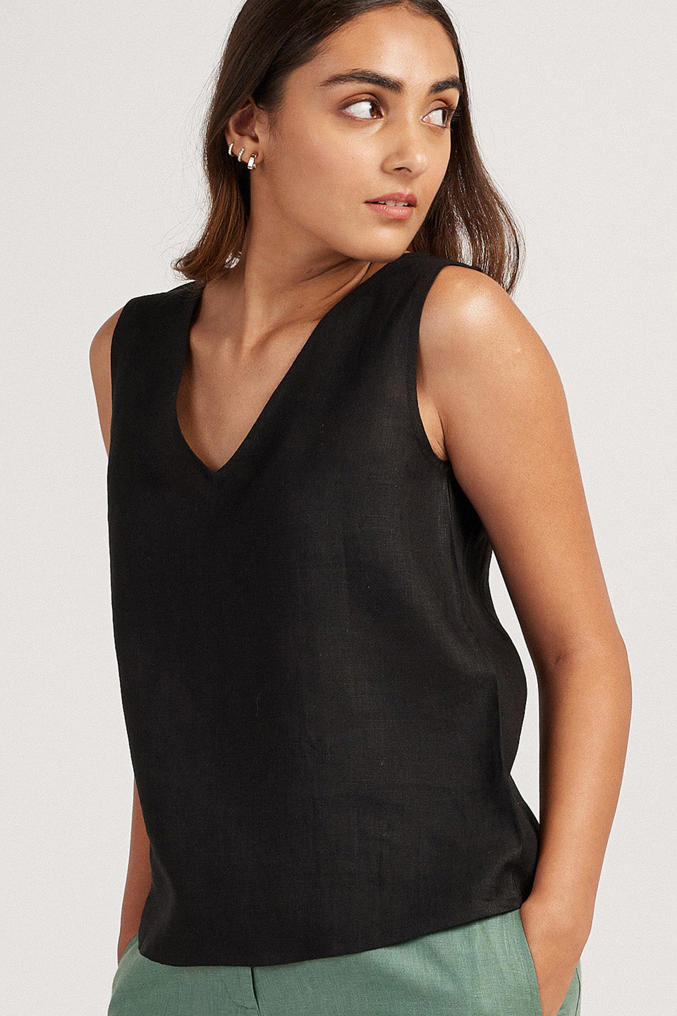 Buy Linen V Neck Tank top for Women Midnight Black