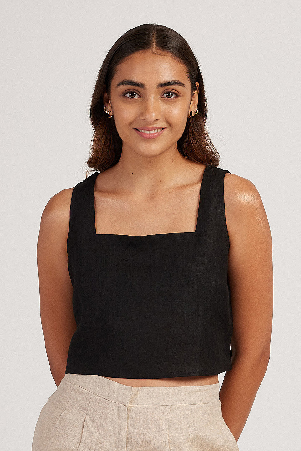 Buy Crop Tank Top | The Linen Crop Tank Top Midnight Black