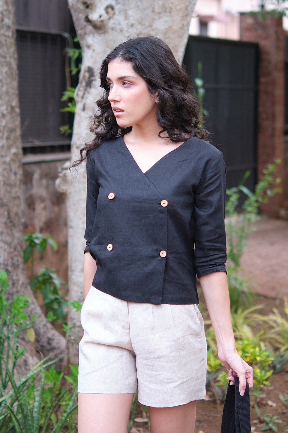 Explore Women Linen Tops | Linen Wrap Top Midnight Online