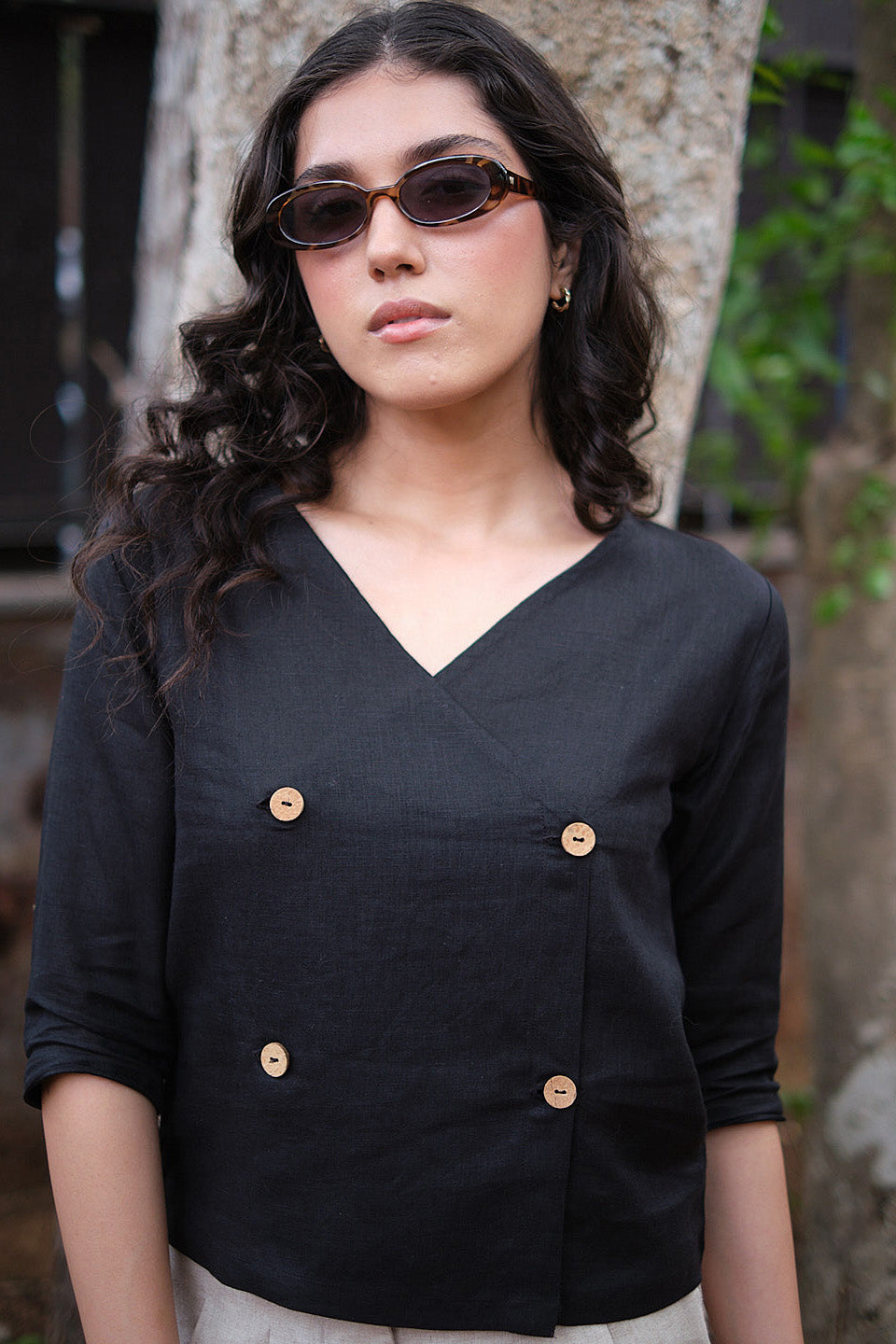 Explore Women Linen Tops | Linen Wrap Top Midnight Online