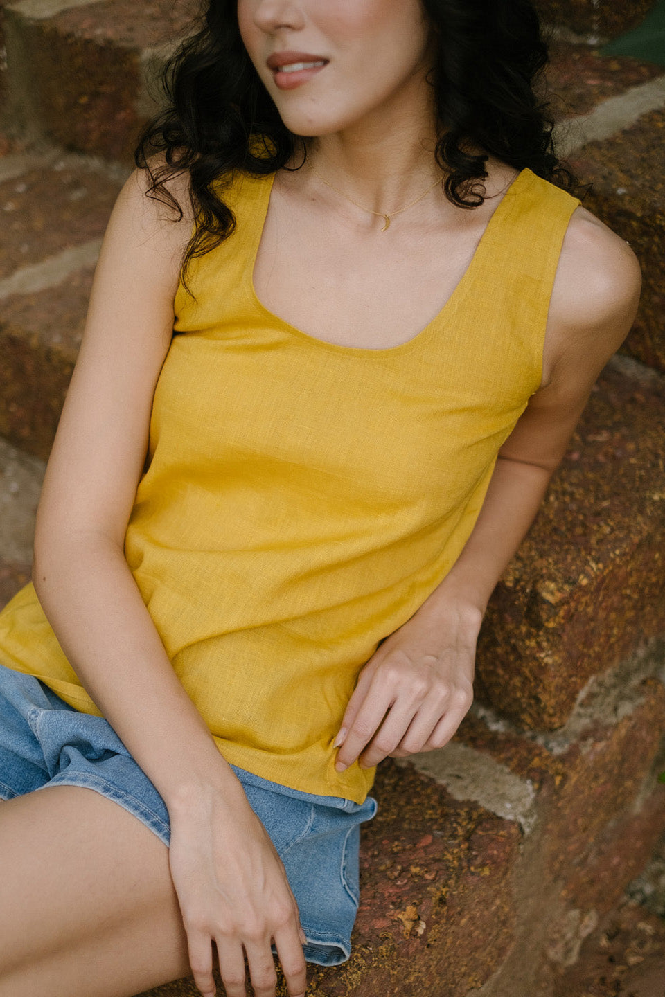Tank Tops | The Linen Round Neck Tank Top Mustard Online