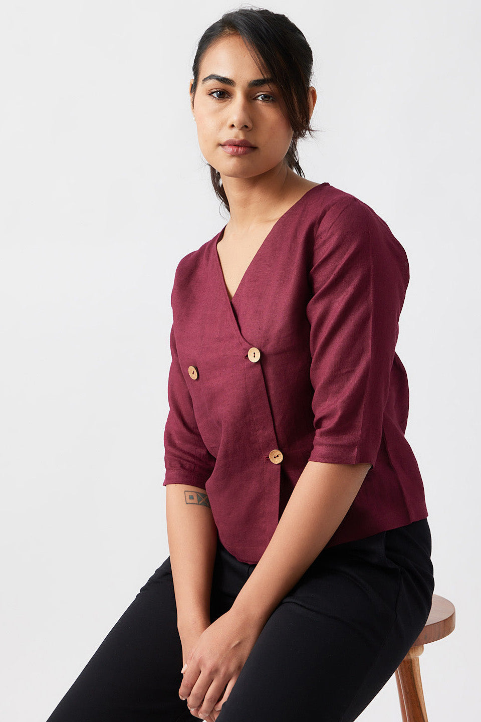 Explore Women Linen Tops | Linen Wrap Top Port Red