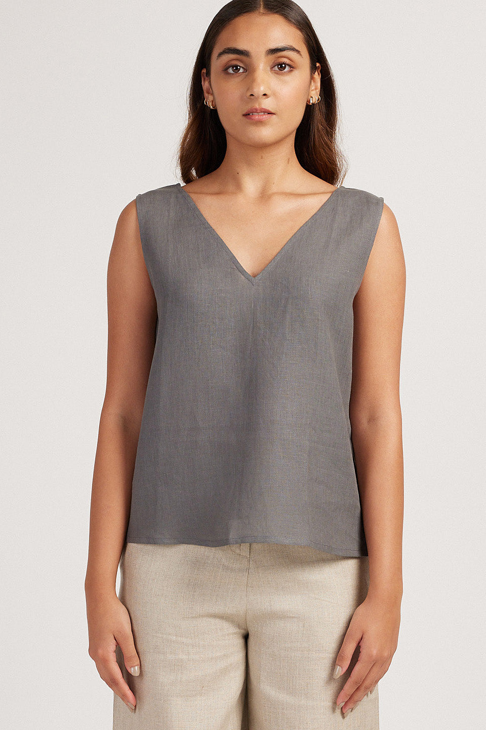 Buy Linen V Neck Tank top for Women Slate Grey Online