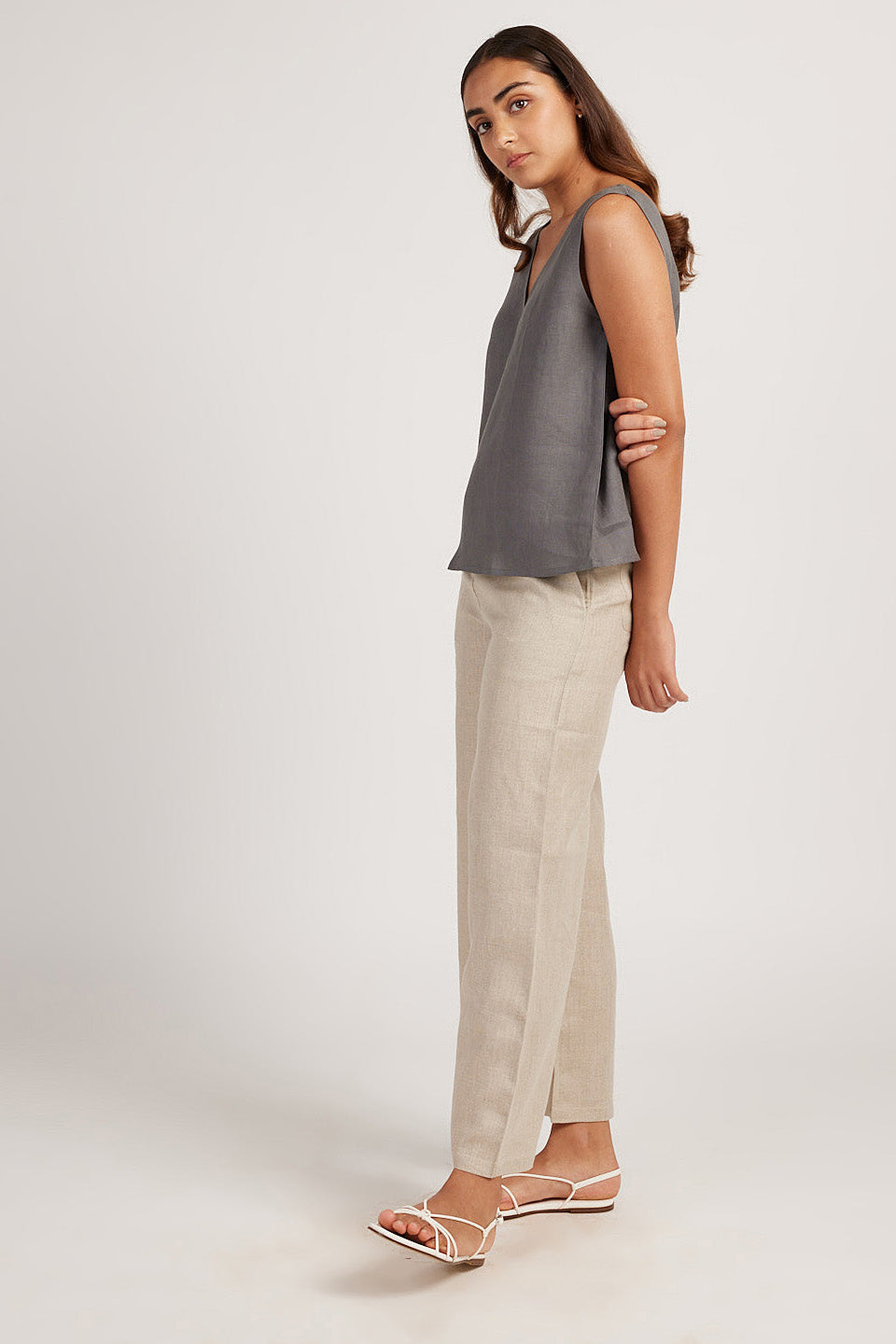 Buy Linen V Neck Tank top for Women Slate Grey Online