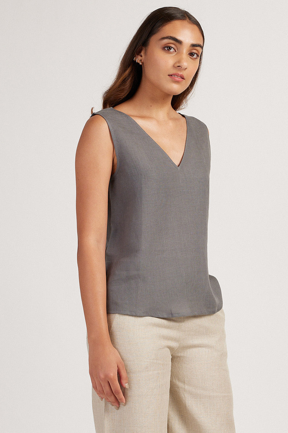 Buy Linen V Neck Tank top for Women Slate Grey Online
