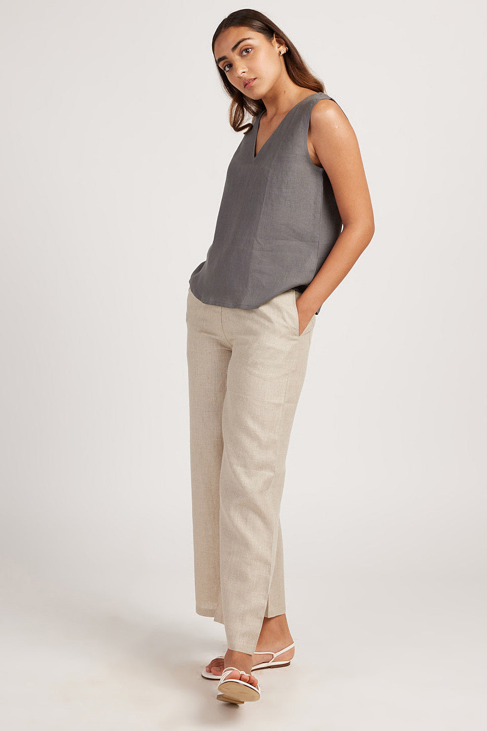 Buy Linen V Neck Tank top for Women Slate Grey Online