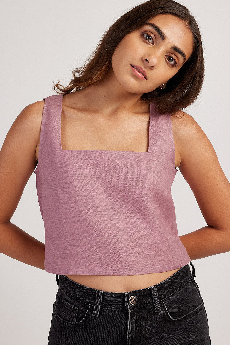 Womens Tank Tops | The Linen Crop Tank Top Vintage Pink